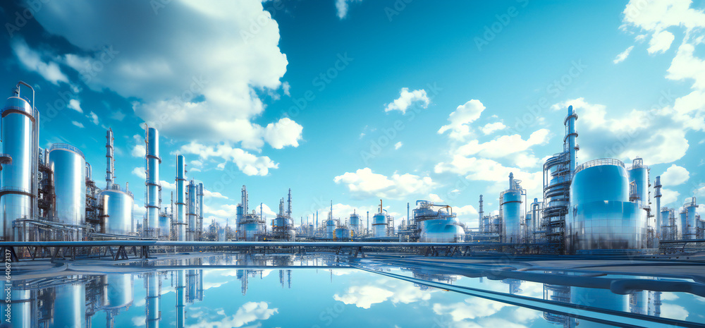 A wide angle image of a generic hydrogen power plant with tanks and ...
