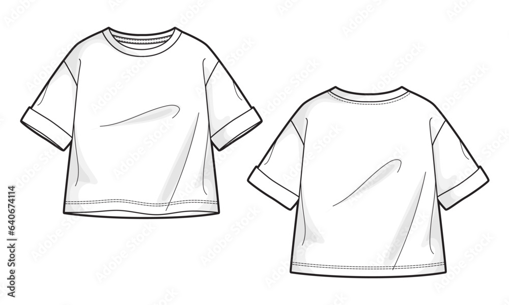 Short sleeve t shirt tops technical drawing fashion flat sketch vector ...