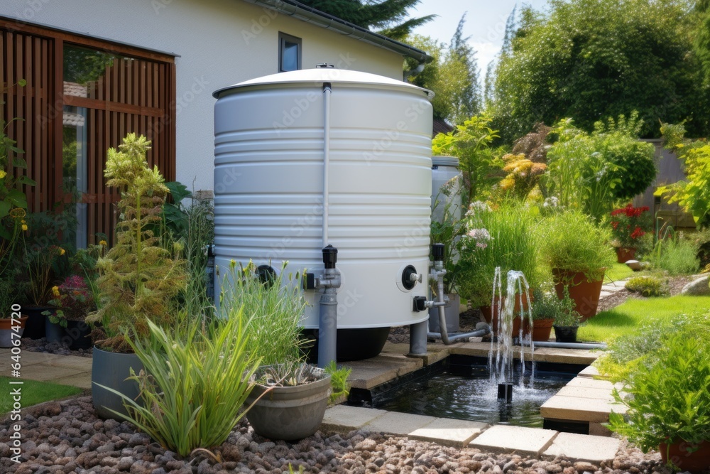A rainwater harvesting system with a water tank and filtration unit ...