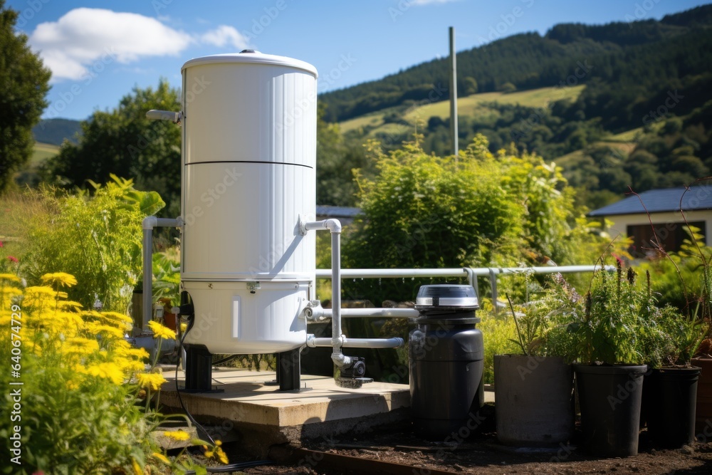A rainwater harvesting system with a water tank and filtration unit ...