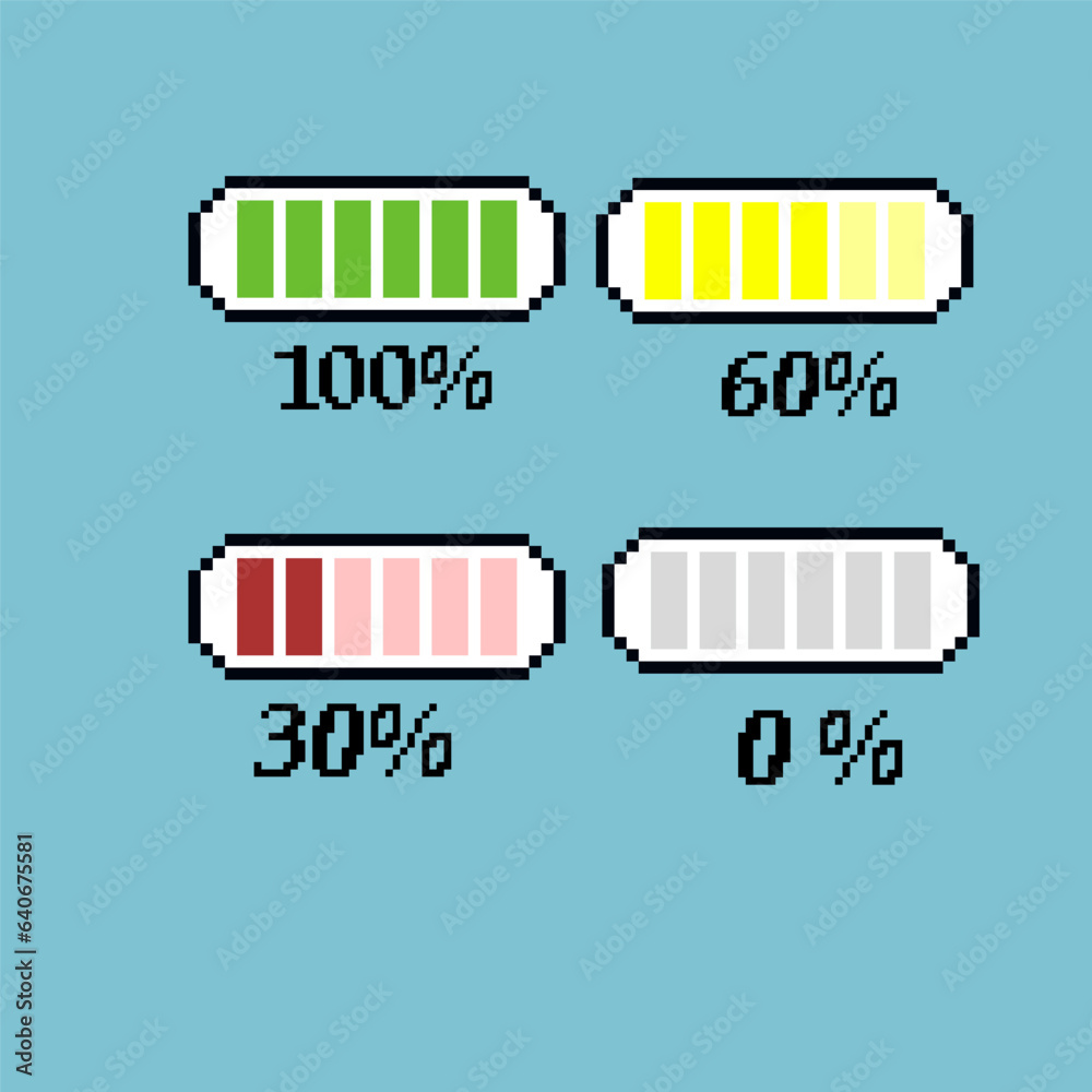 Pixel art sets of battery.Full green,medium yellow,red low, and empty ...