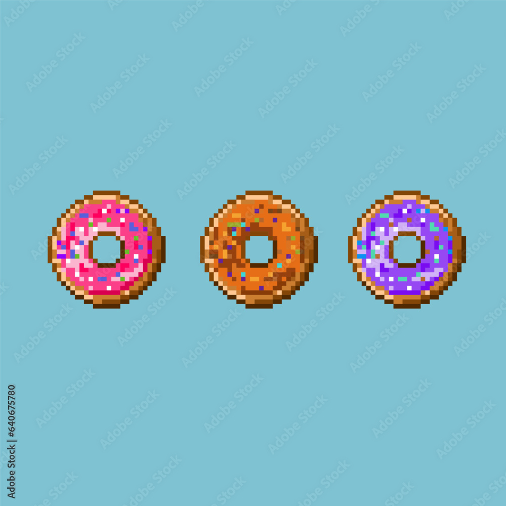 Pixel art sets of Donuts items on pixelated style. Pink,purple,and ...