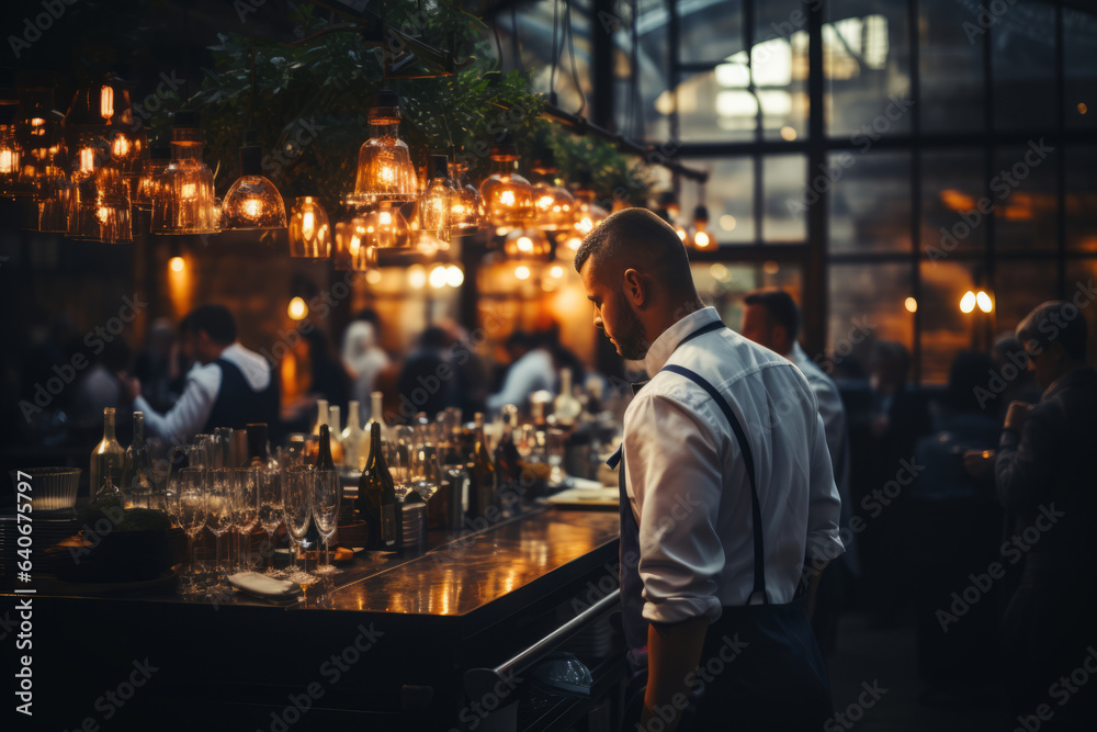 Blurred fancy restaurant background with some people eating and waiters ...