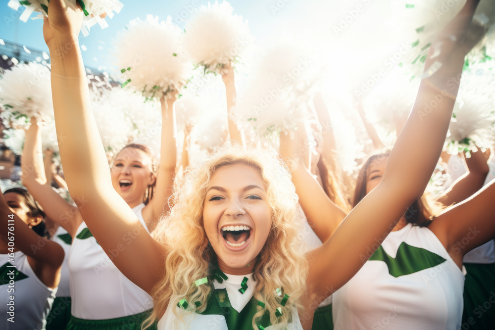 Excited cheerleaders wearing green and white clothes celebrating the ...