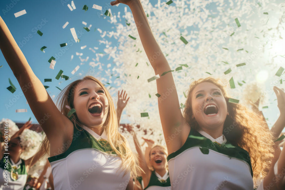 Excited cheerleaders wearing green and white clothes celebrating the ...