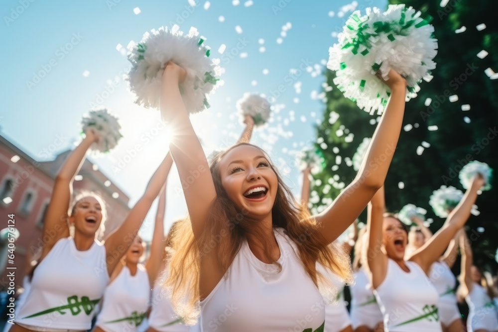 Foto de Excited cheerleaders wearing green and white clothes ...