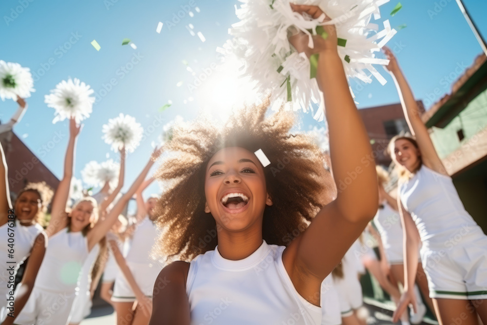 Excited cheerleaders wearing green and white clothes celebrating the ...