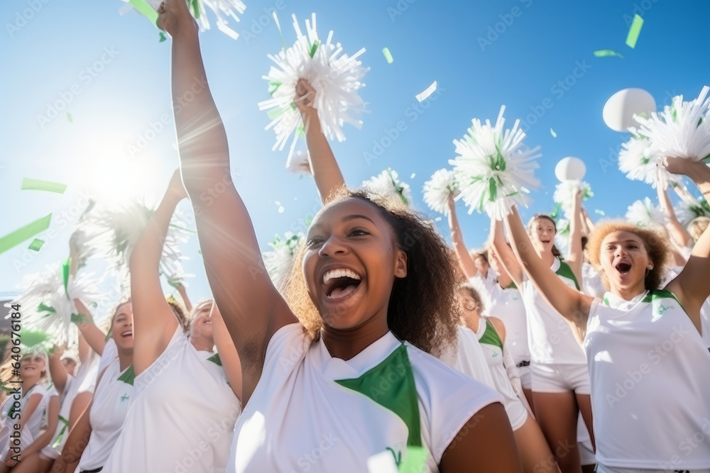 Excited cheerleaders wearing green and white clothes celebrating the ...