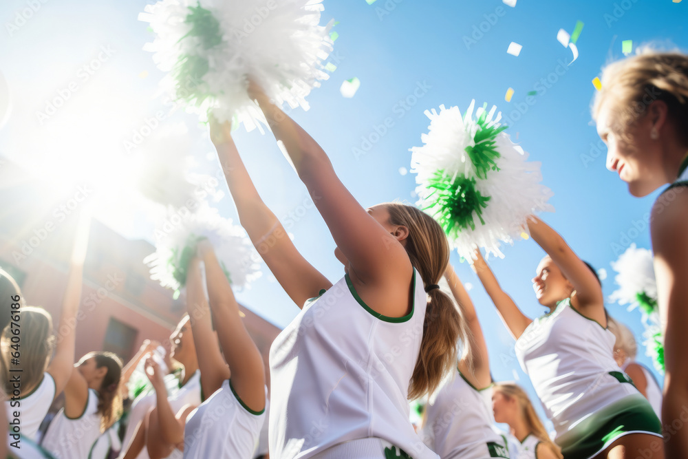Excited cheerleaders wearing green and white clothes celebrating the ...