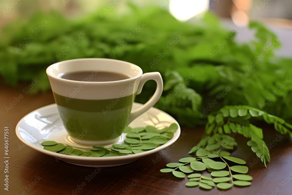 Cup with moringa tea and leaves of moringa plant on a table Stock Photo ...