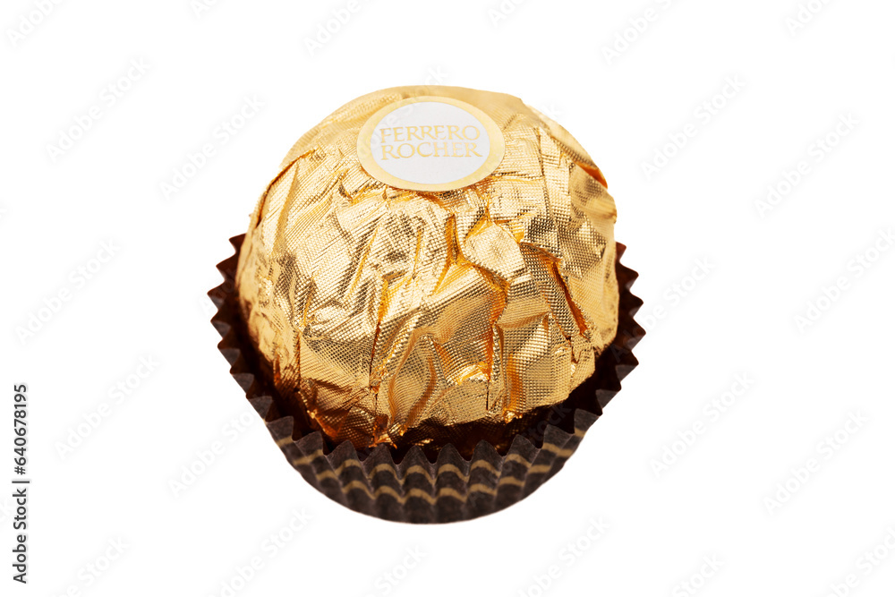 Dnipro. Ukraine 05.03.2023: Ferrero Rocher chocolate and hazelnut ...