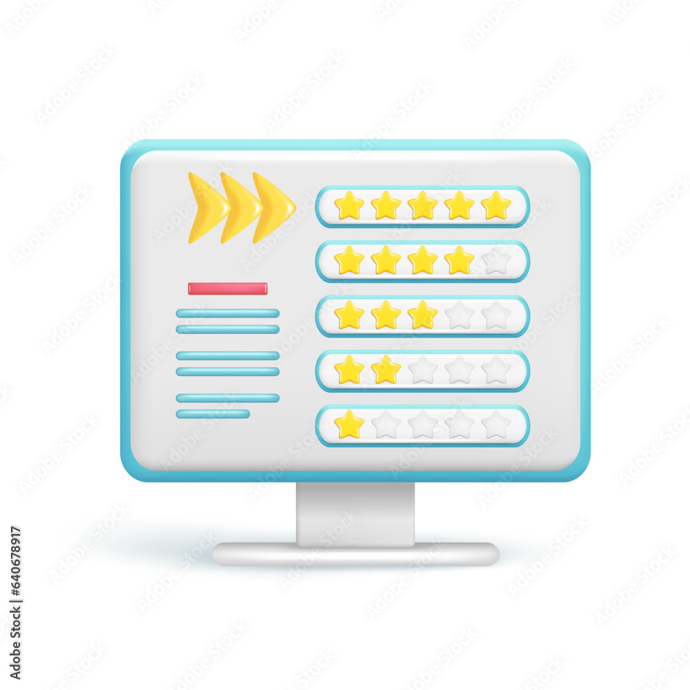 Realistic 3d glossy computer, rating feedback with stars, arrow icon ...