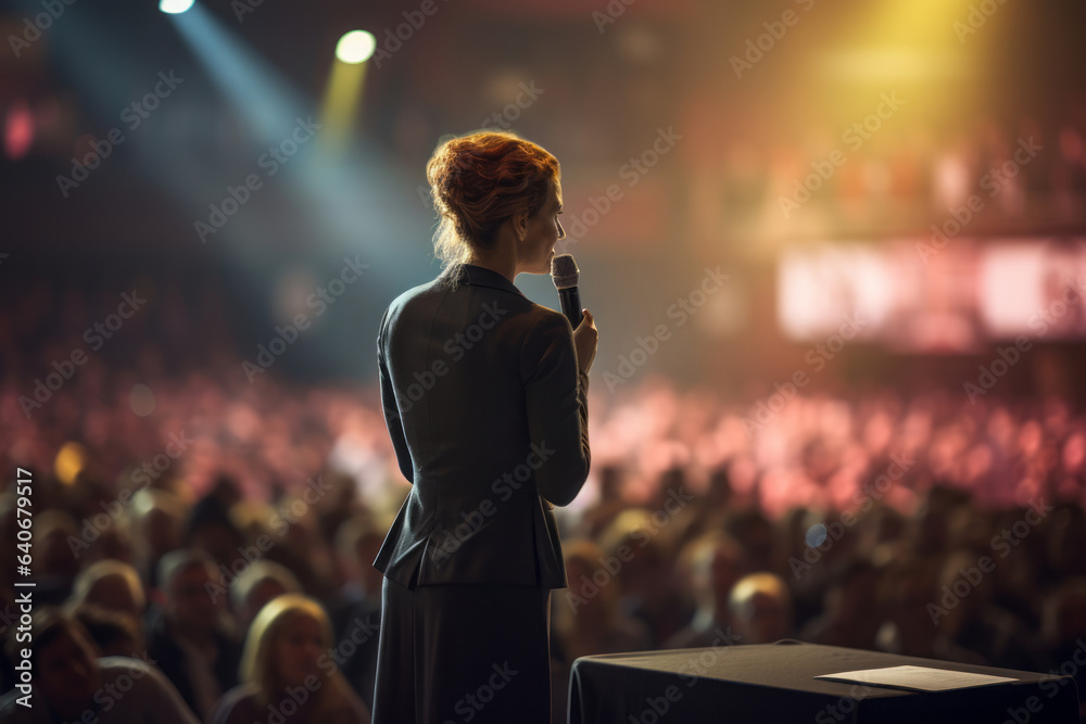 Beautiful female motivational speaker holding a microphone in front on an audience. Woman in a ...