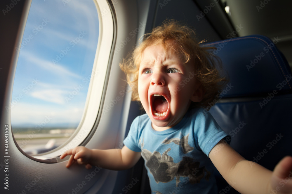 Toodler boy having a temper tantrum while sitting by airplane window. Angry child screaming and ...