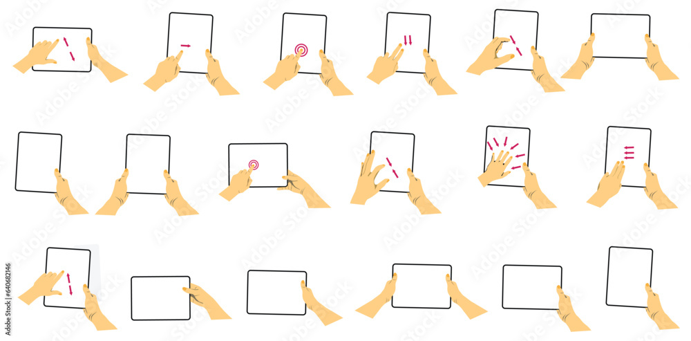 Hands holding tablet pc set. Fingers touching, tapping, scrolling tab ...