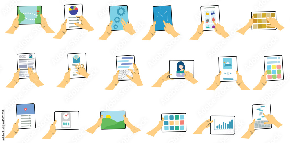 Hands holding tablet pc set. Fingers touching, tapping, scrolling tab ...