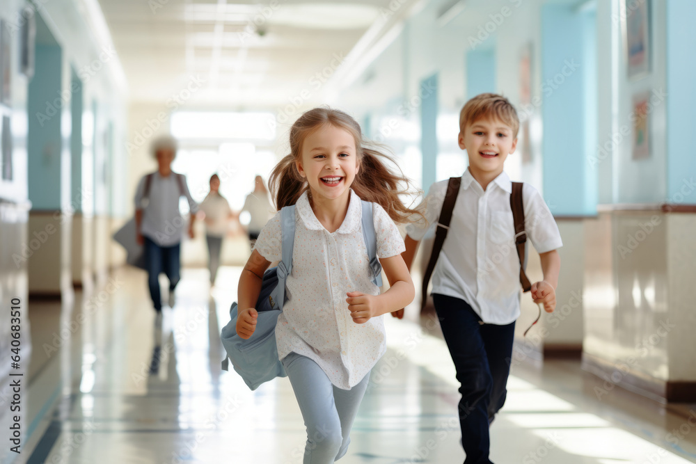 Group of elementary school kids running in a school corridor. Beginning ...