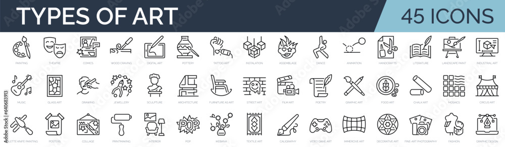 Set of 45 outline icons related to types, styles, examples, forms of ...
