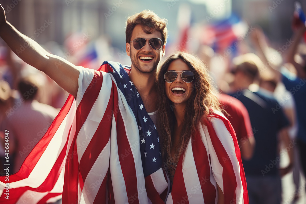 Excited young people wearing red and blue clothes celebrating the ...