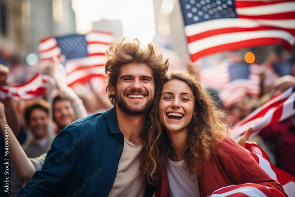Excited young people wearing red and blue clothes celebrating the ...