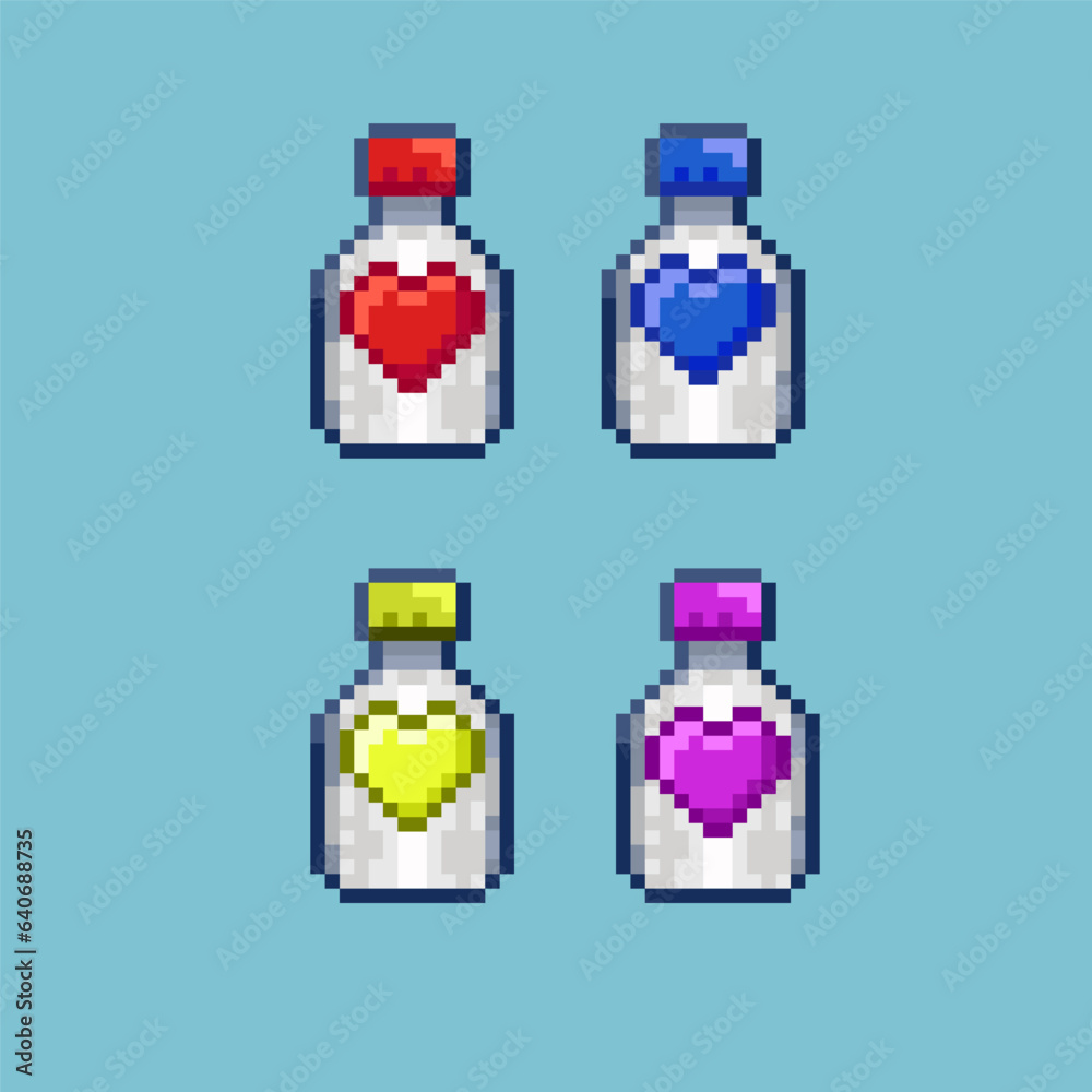 Pixel art sets of vitamin heart for medicine health items. red,blue ...