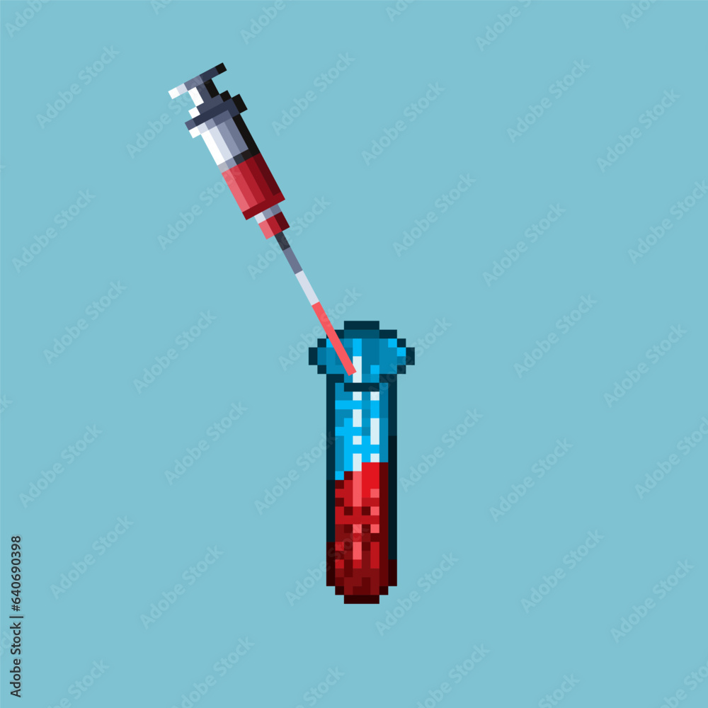 Pixel art of syringe and test tub for medicine health items. red ...