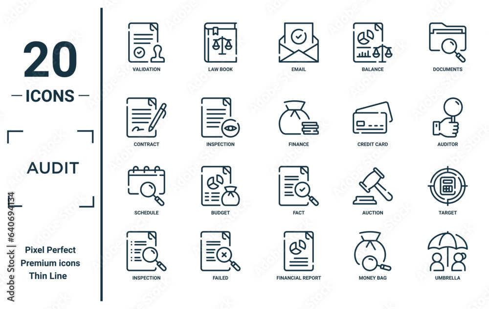 audit linear icon set. includes thin line validation, contract ...