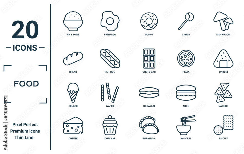 food linear icon set. includes thin line rice bowl, bread, gelato ...