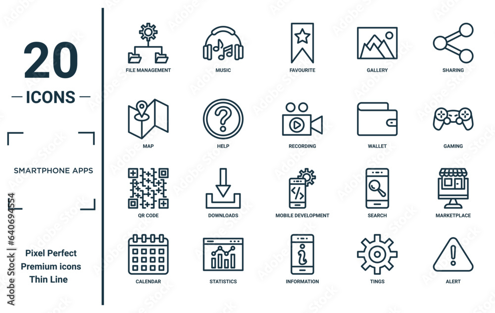 smartphone apps linear icon set. includes thin line file management, map, qr code, calendar ...