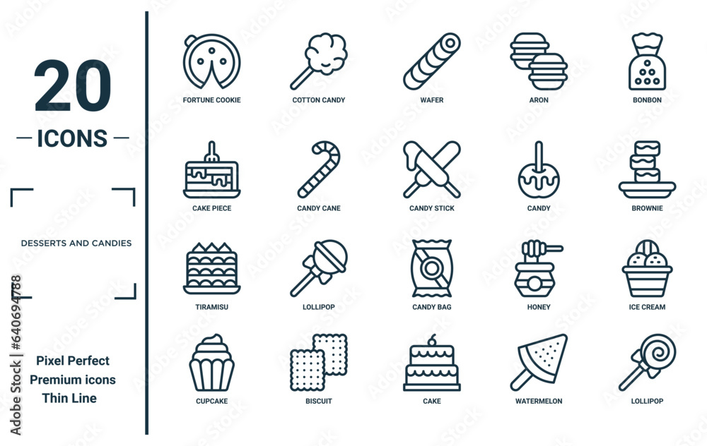desserts and candies linear icon set. includes thin line fortune cookie ...