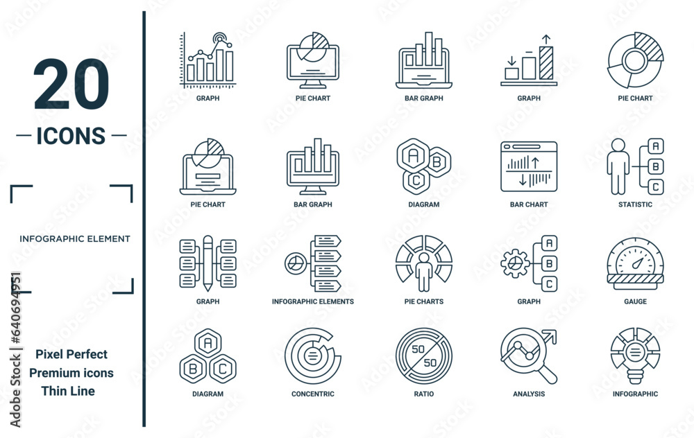 infographic element linear icon set. includes thin line graph, pie ...