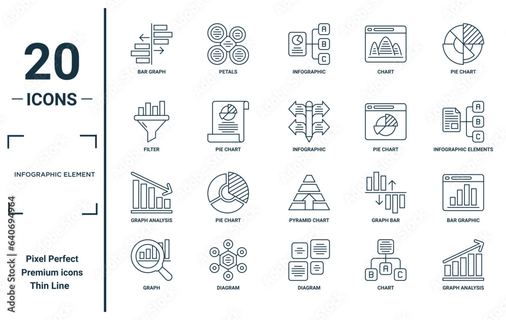 infographic element linear icon set. includes thin line bar graph ...
