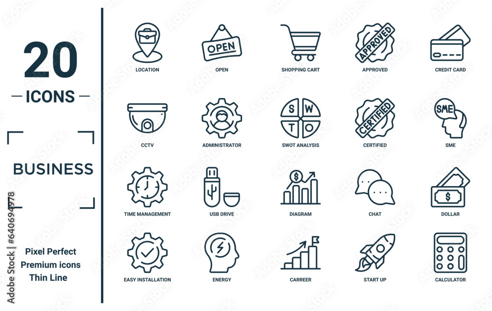 Vetor de business linear icon set. includes thin line location, cctv, time management, easy ...