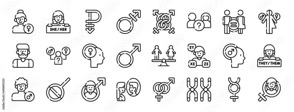 set of 24 outline web identity icons such as female, she, pansexual ...
