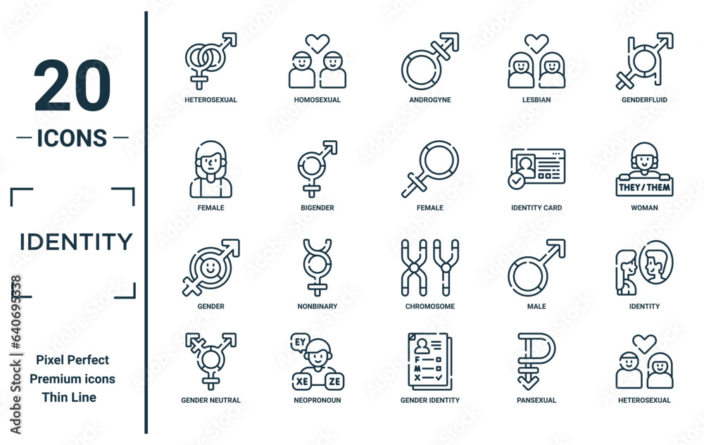 identity linear icon set. includes thin line heterosexual, female ...