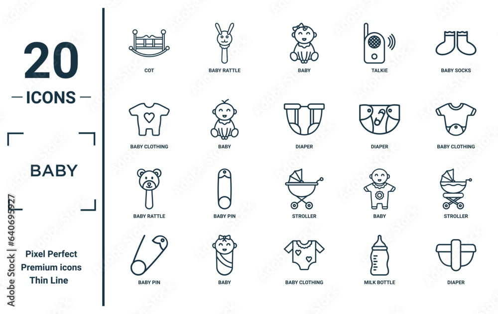 baby linear icon set. includes thin line cot, baby clothing, baby ...