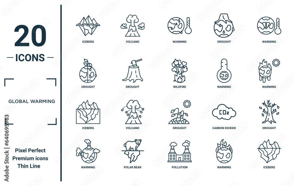 global warming linear icon set. includes thin line iceberg, drought ...