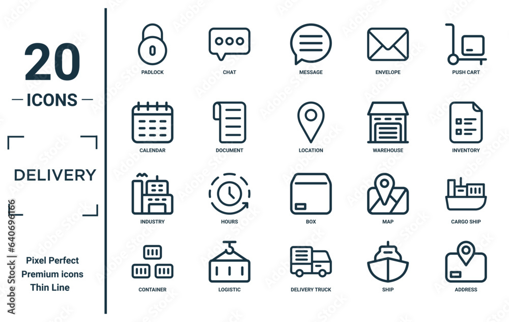 delivery linear icon set. includes thin line padlock, calendar ...