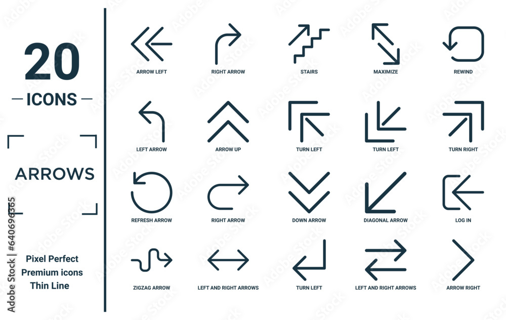 arrows linear icon set. includes thin line arrow left, left arrow ...