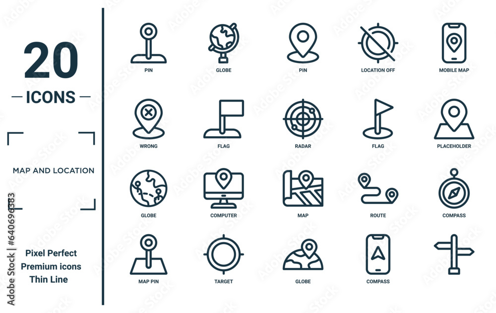 map and location linear icon set. includes thin line pin, wrong, globe ...
