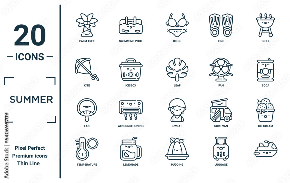 summer linear icon set. includes thin line palm tree, kite, fan ...