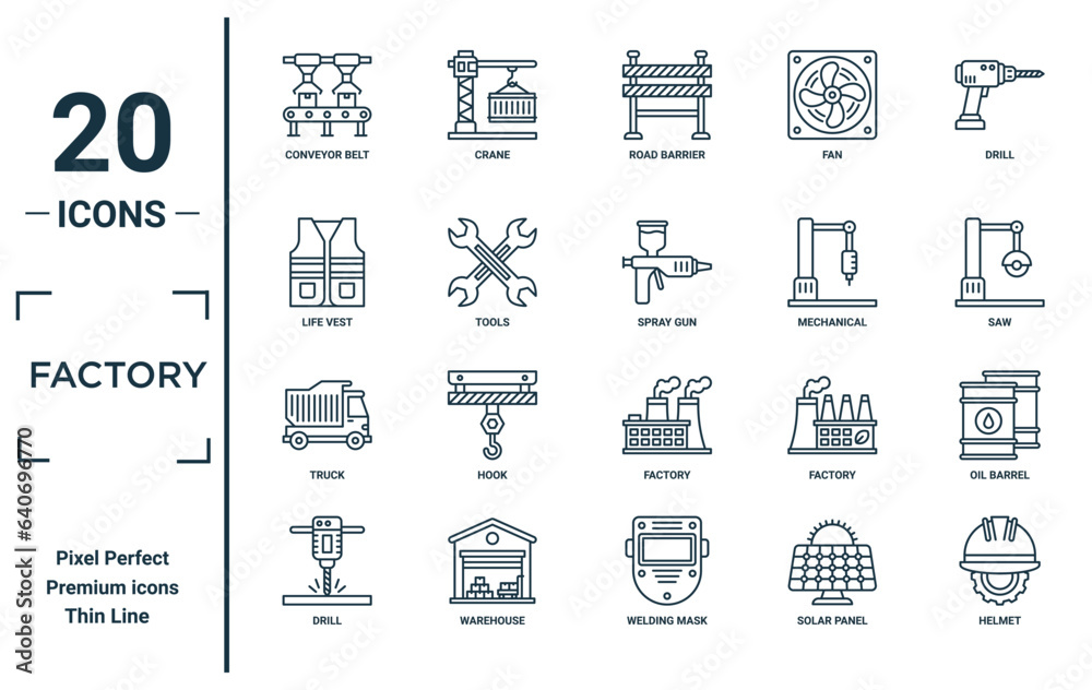 factory linear icon set. includes thin line conveyor belt, life vest ...