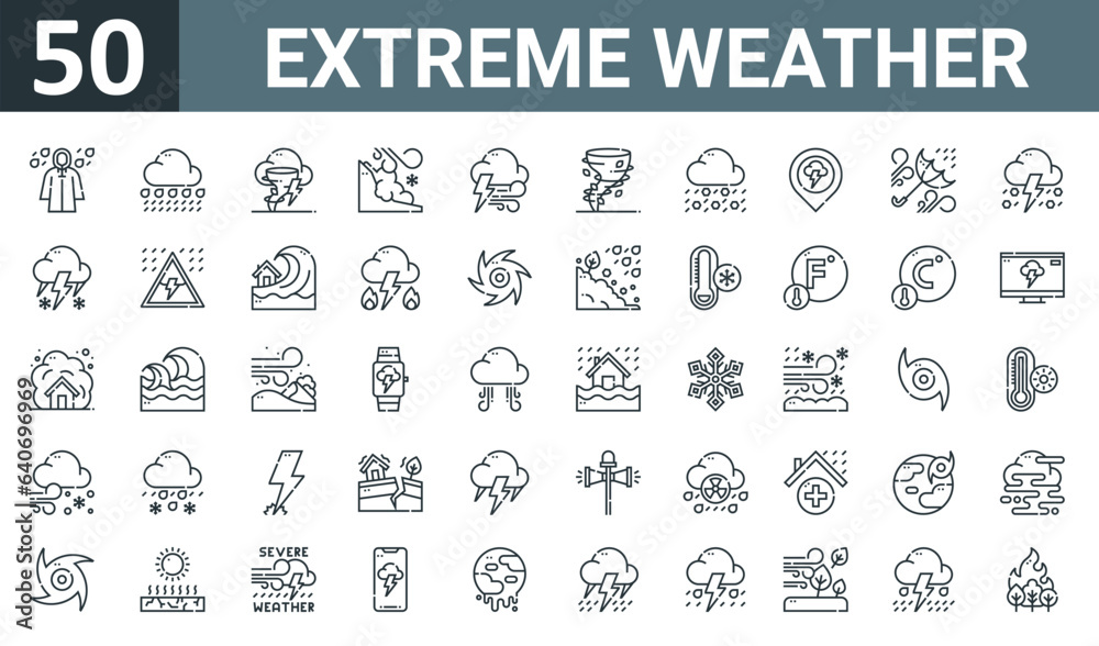 set of 50 outline web extreme weather icons such as raincoat, heavy ...