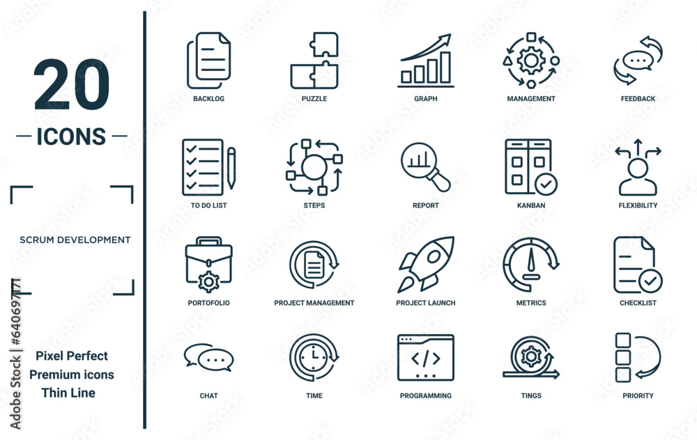 scrum development linear icon set. includes thin line backlog, to do ...