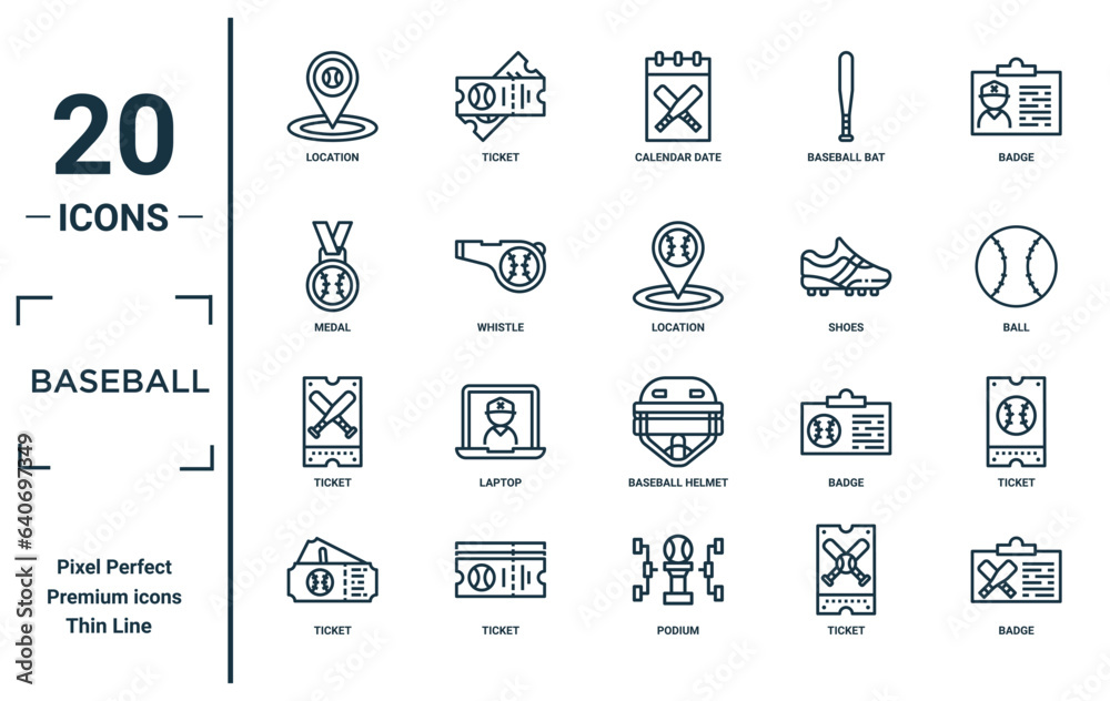 baseball linear icon set. includes thin line location, medal, ticket ...
