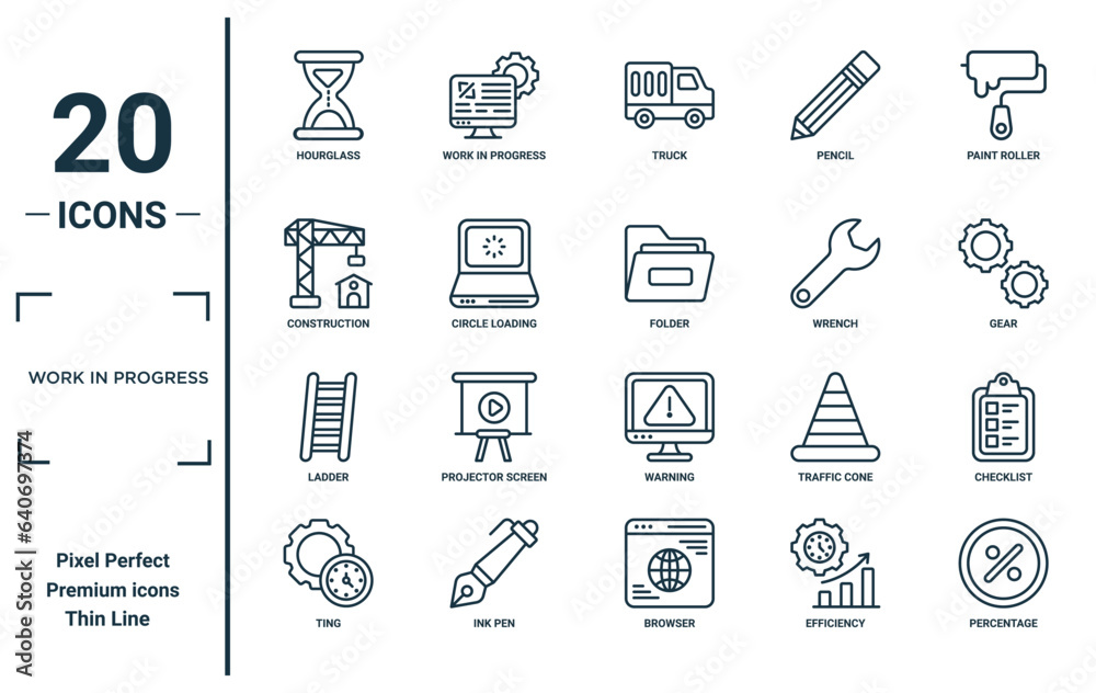 work in progress linear icon set. includes thin line hourglass, construction, ladder, ting ...