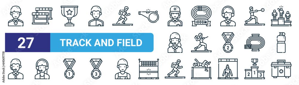 set of 27 outline web track and field icons such as winner, hurdle ...