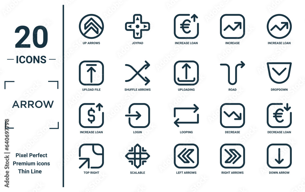 arrow linear icon set. includes thin line up arrows, upload file, increase loan, top right, down ...