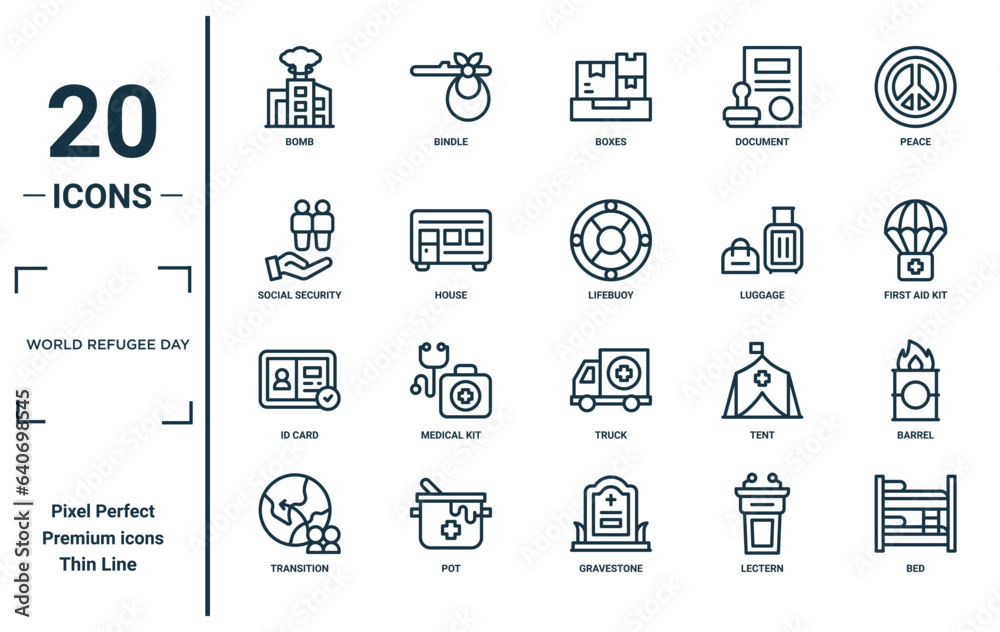 world refugee day linear icon set. includes thin line bomb, social ...
