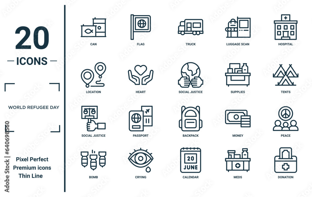 world refugee day linear icon set. includes thin line can, location ...
